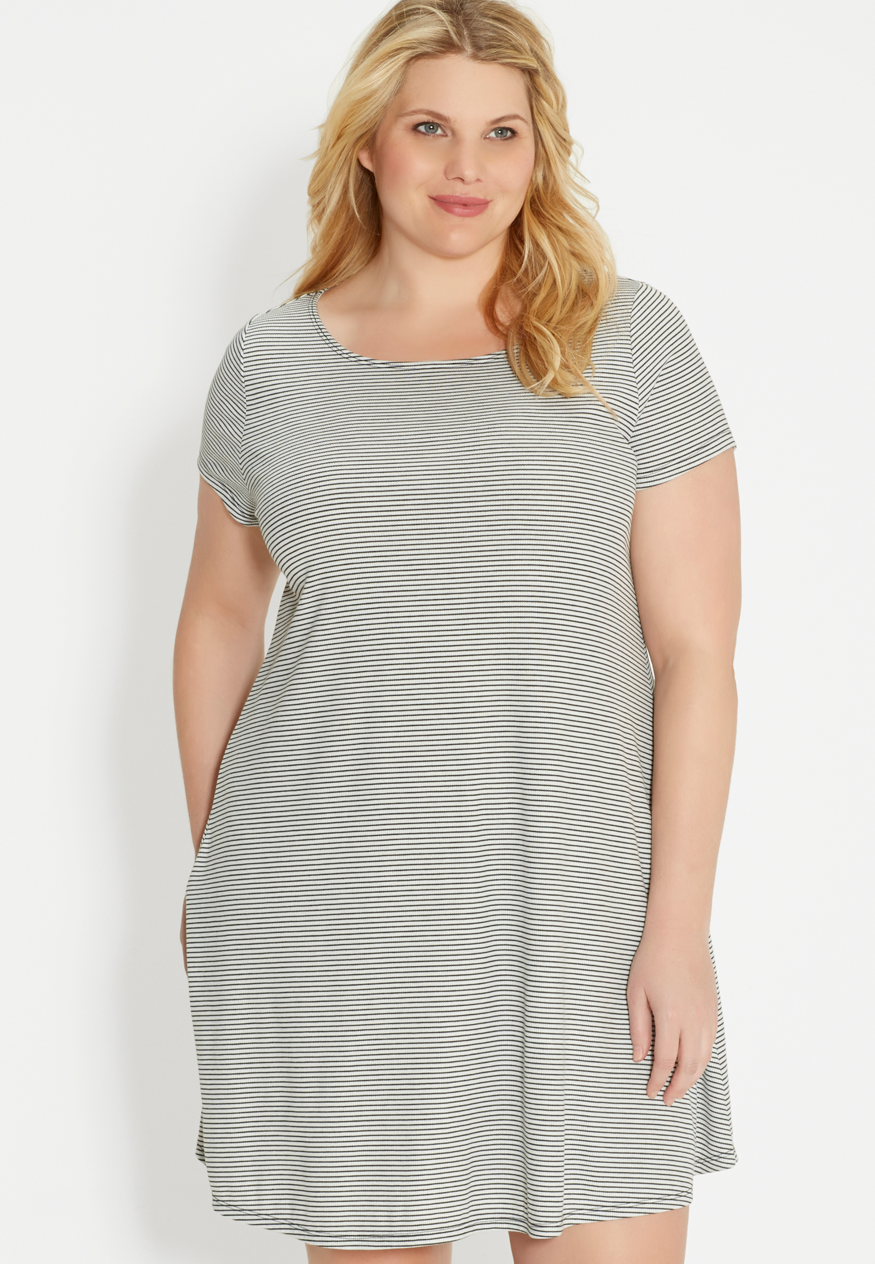 plus size striped t-shirt dress with peek-a-boo back | maurices