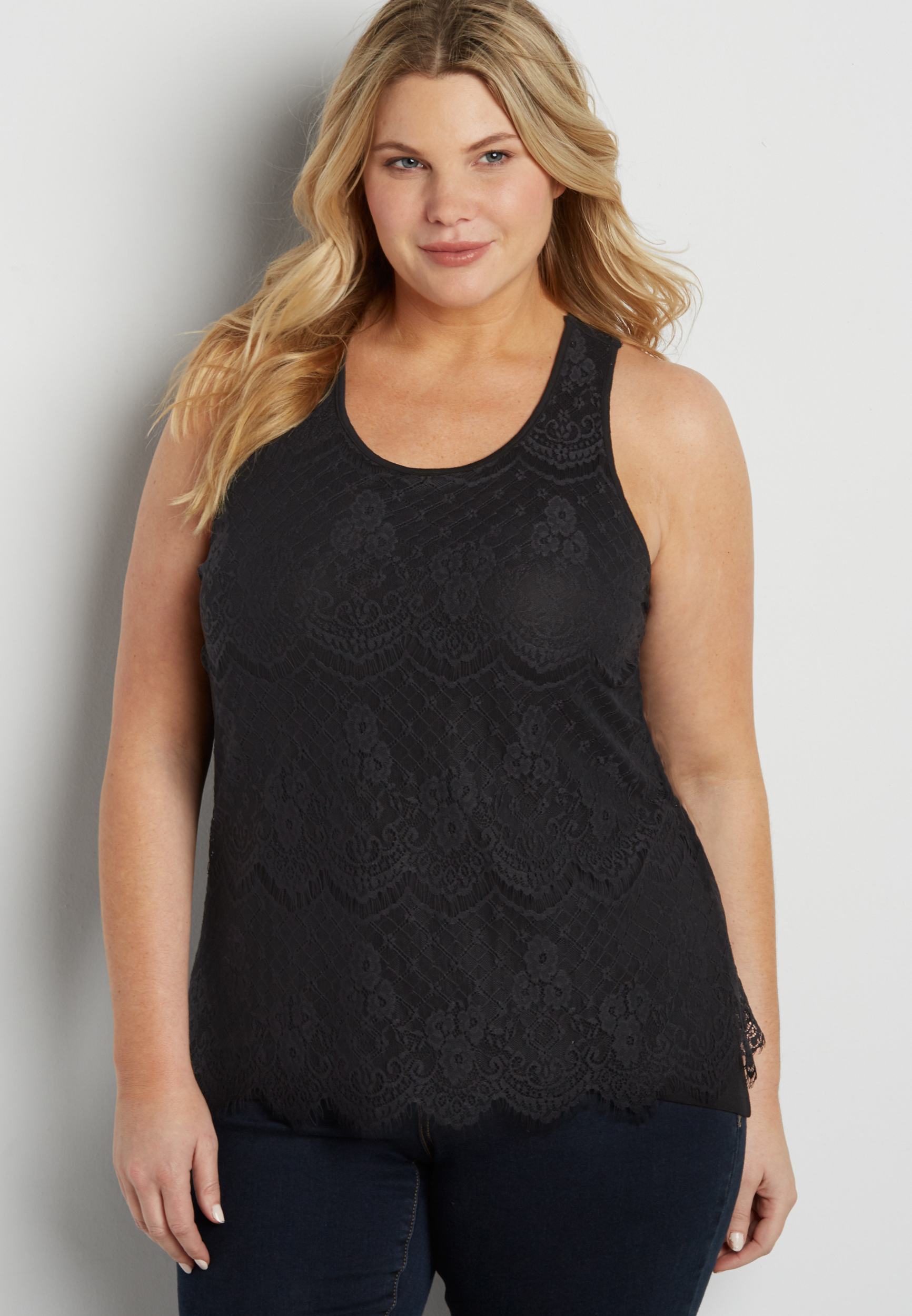 plus size scalloped lace tank in black | maurices