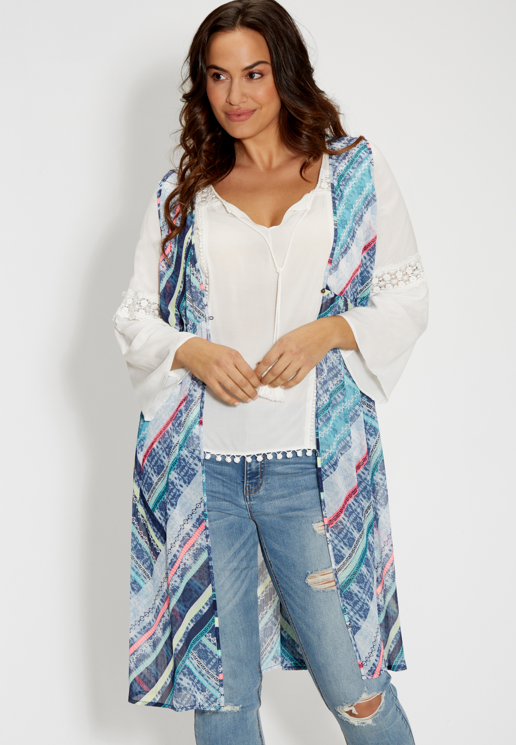 plus size lightweight vest with lace and patterned stripes | maurices