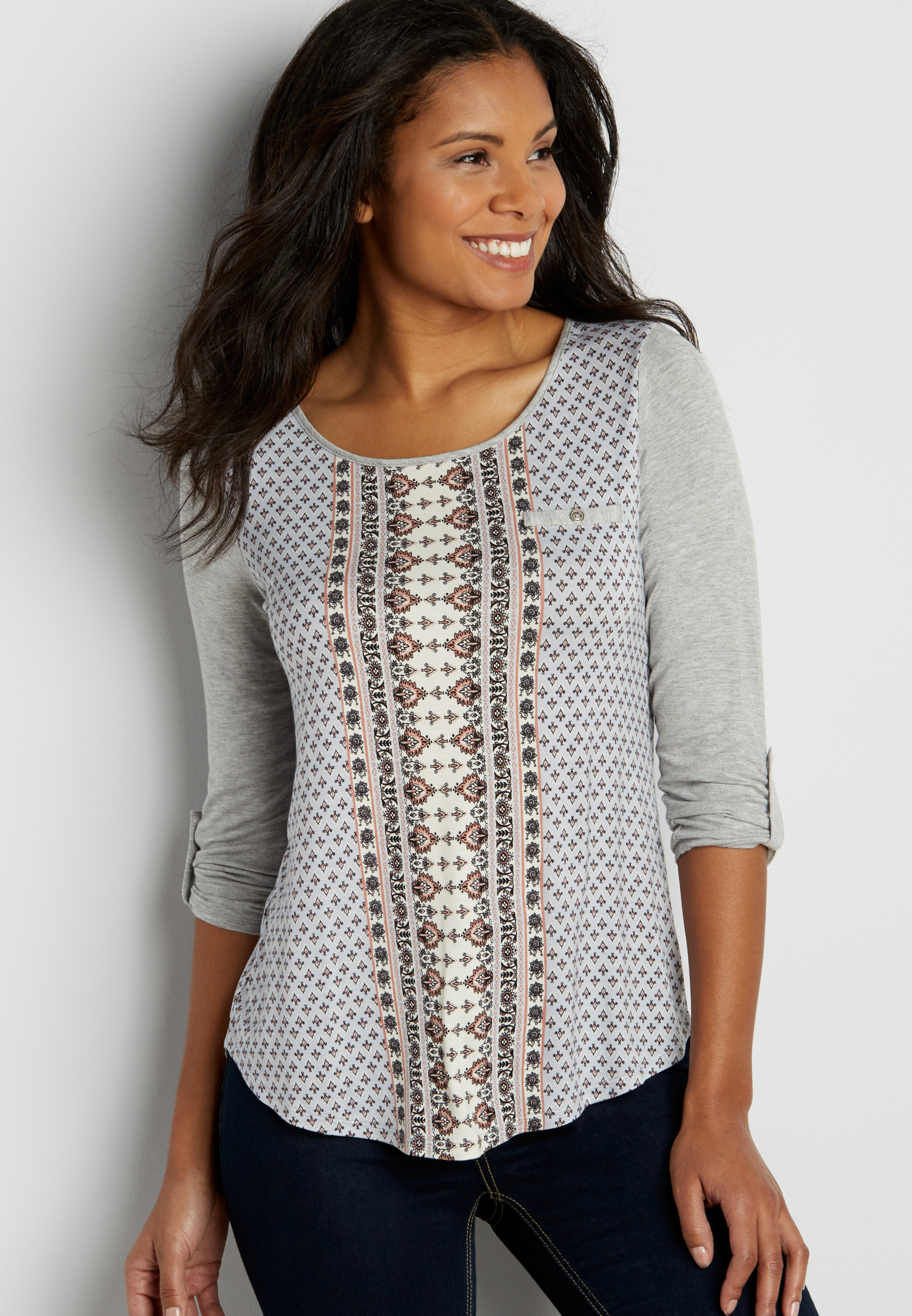 patterned top with button down back | maurices