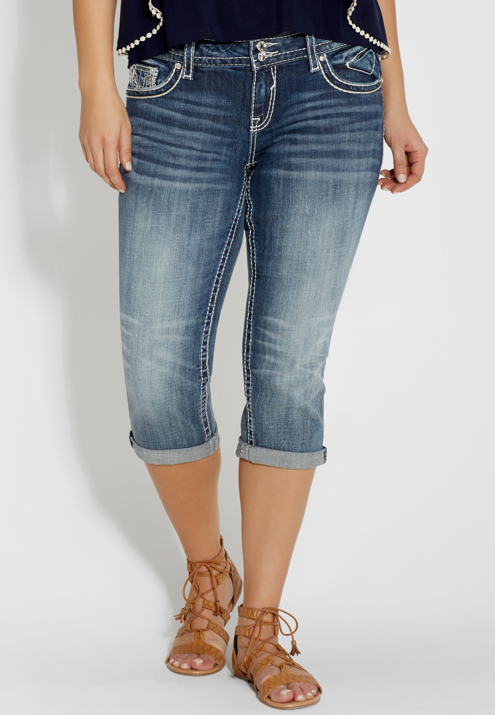 Vigoss® plus size dark wash capri with back flap pockets | maurices
