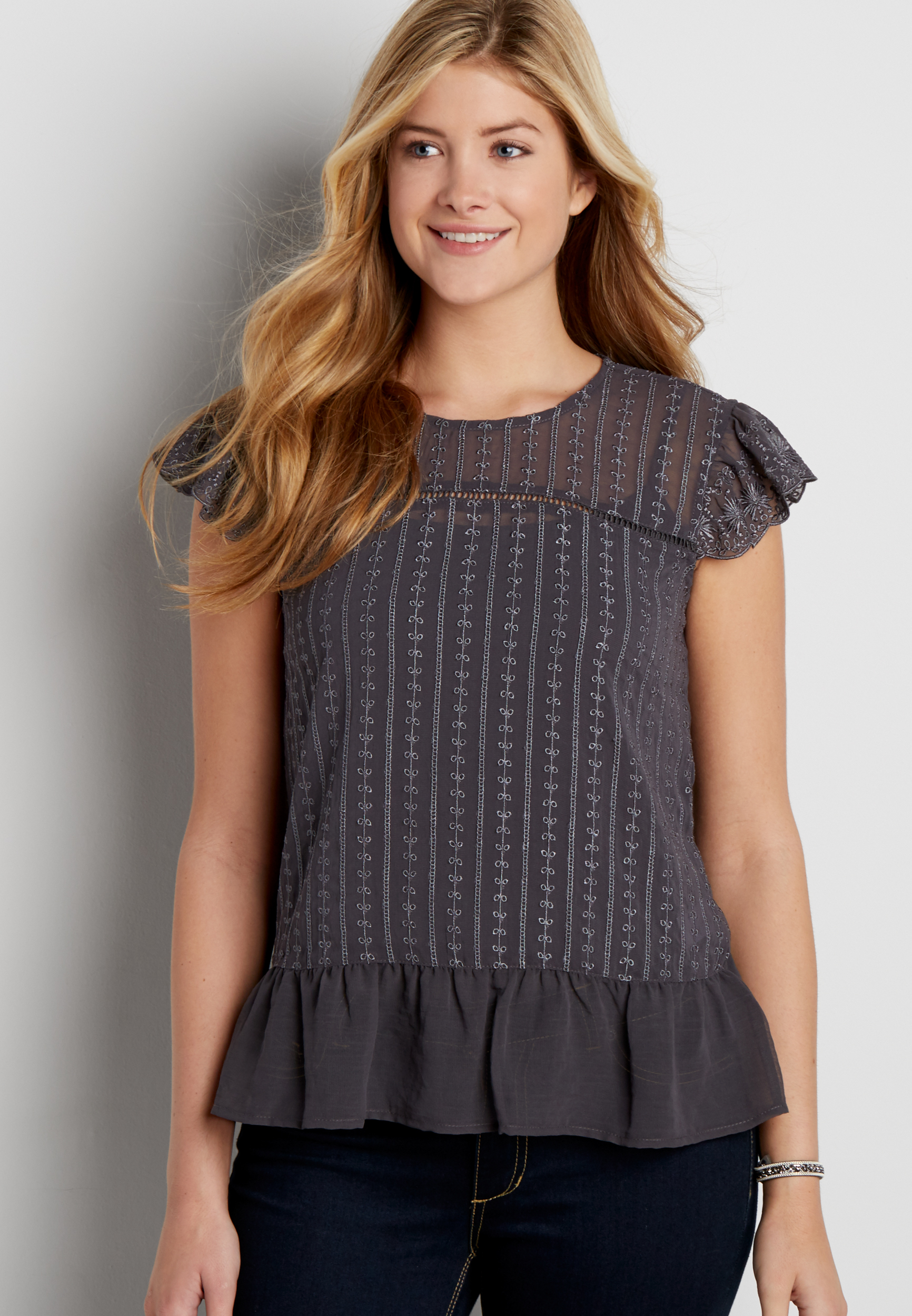 embroidered blouse with ruffled hem and sleeves | maurices