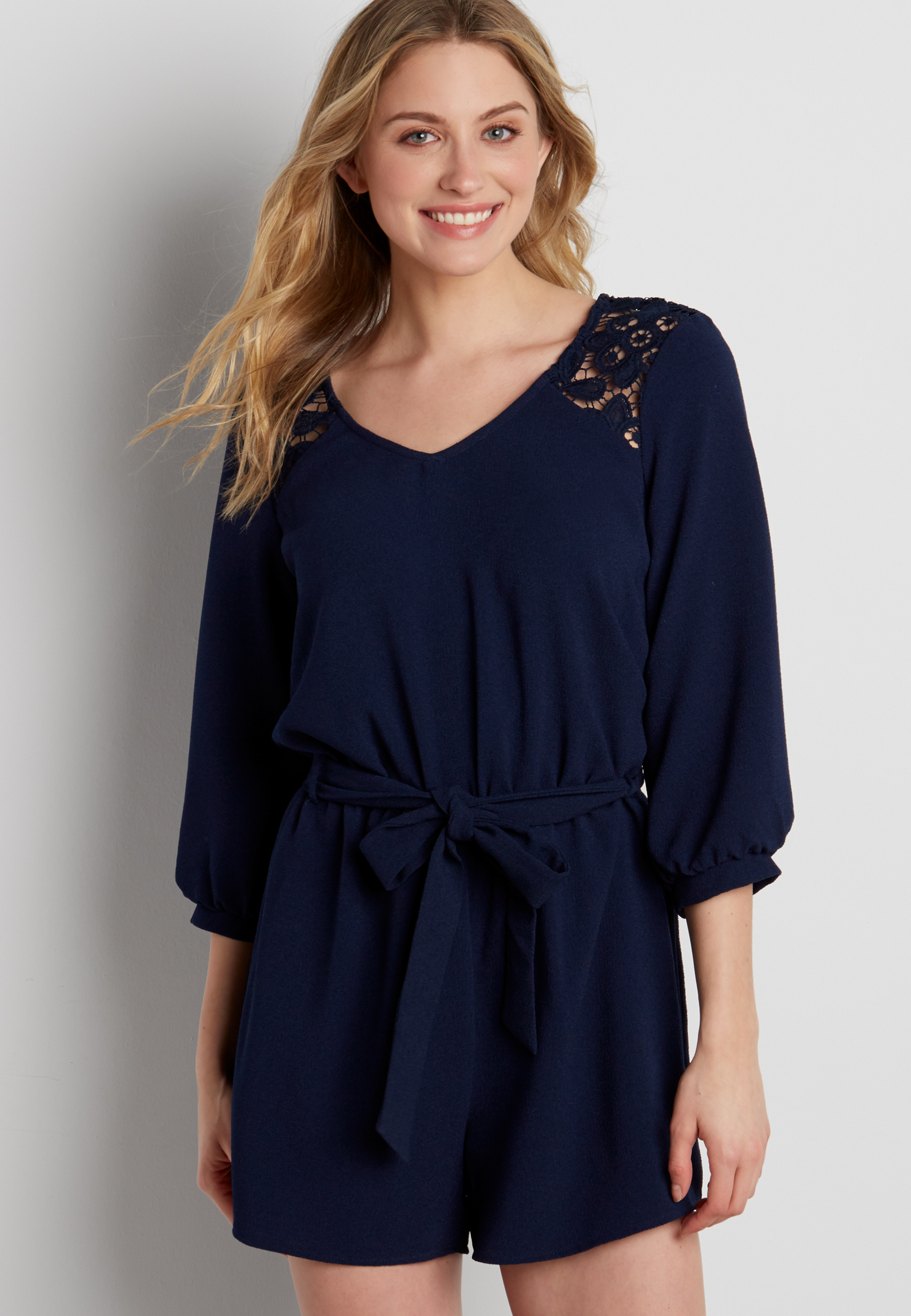 textured fabric romper with crochet | maurices