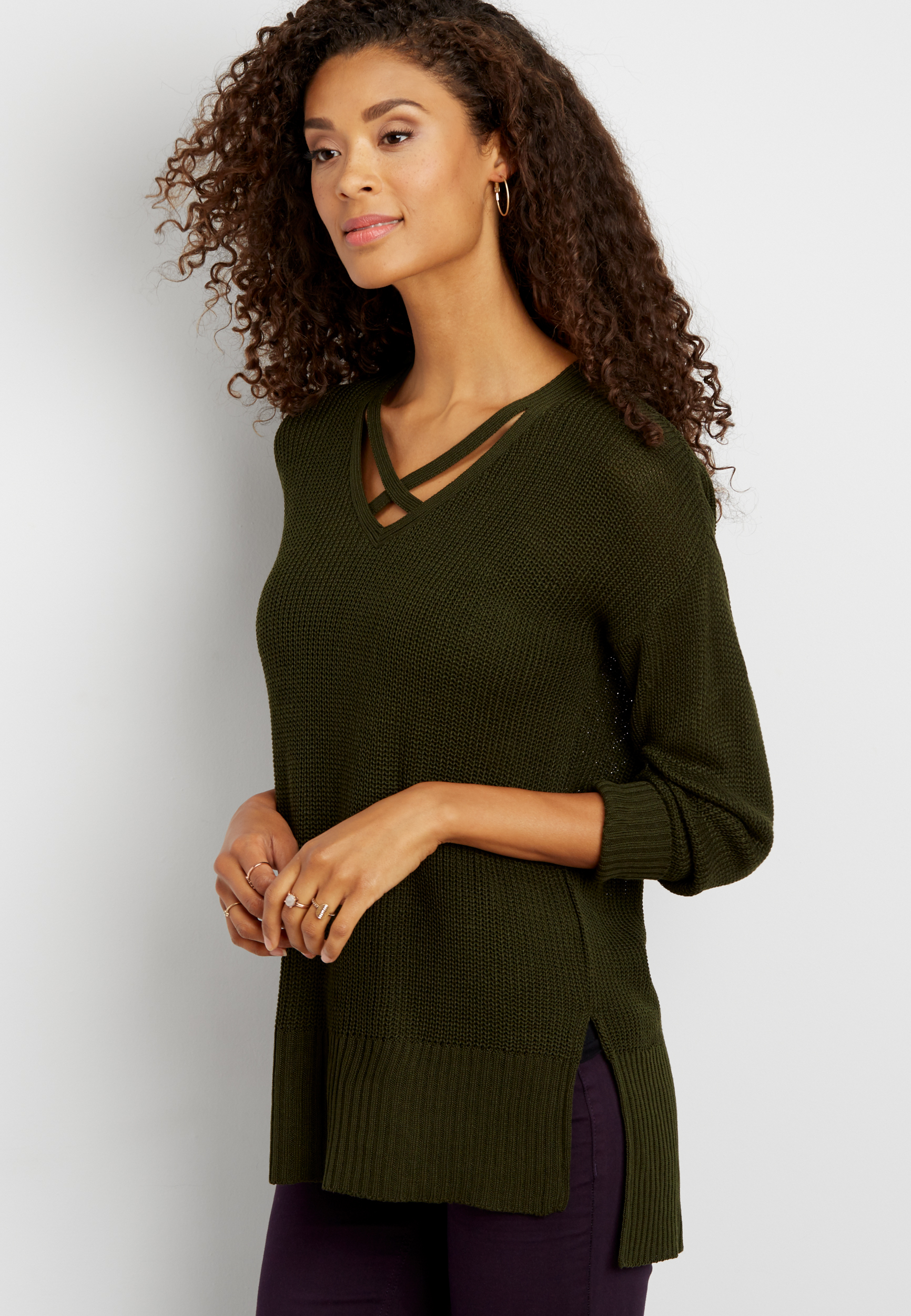 pullover sweater with high-low hem and strappy neckline | maurices