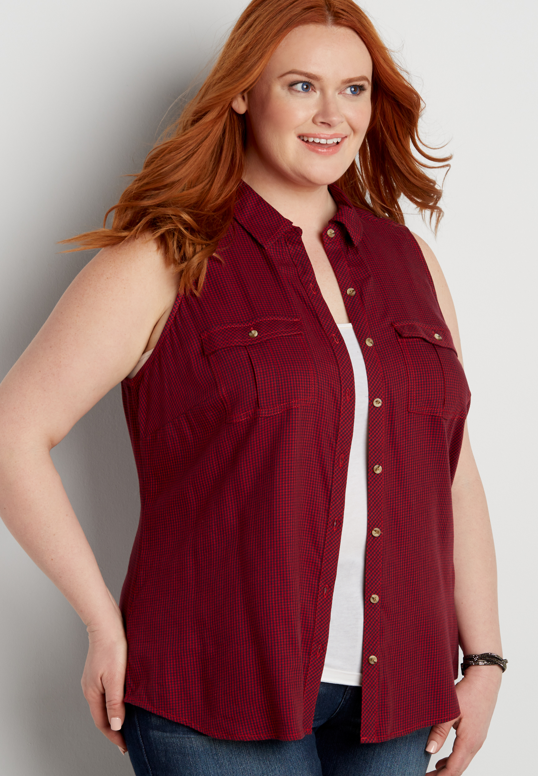 Plus Size Sleeveless Button Down Shirt In Tiny Gingham Print Maurices