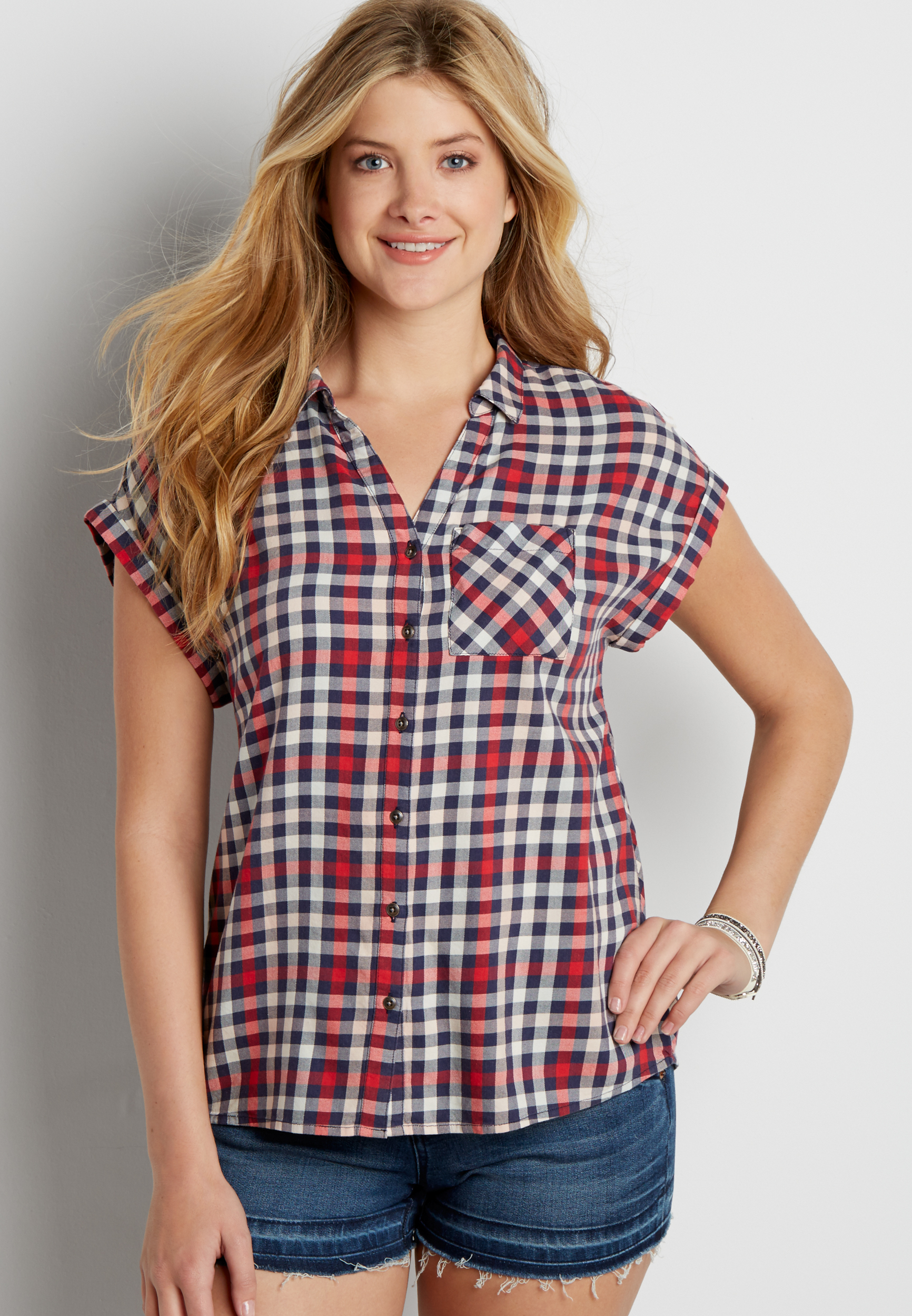 Button Down Dolman Shirt In Multicolor Gingham Print Maurices