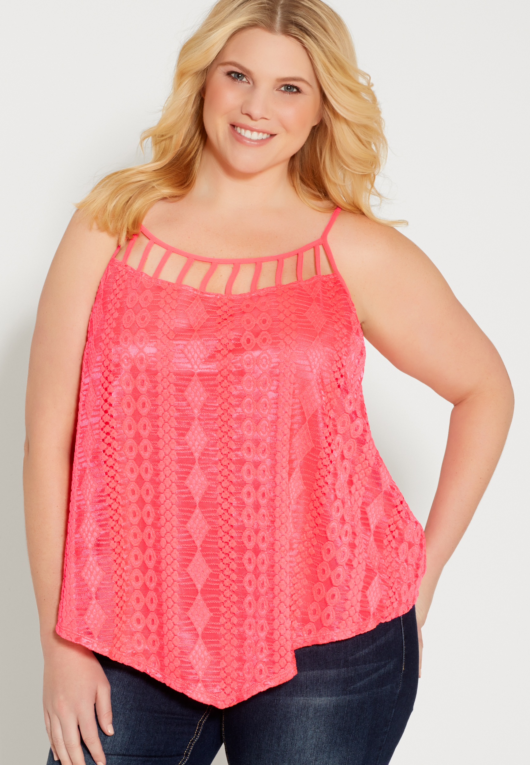 plus size tank with ethnic lace overlay and lattice neckline | maurices