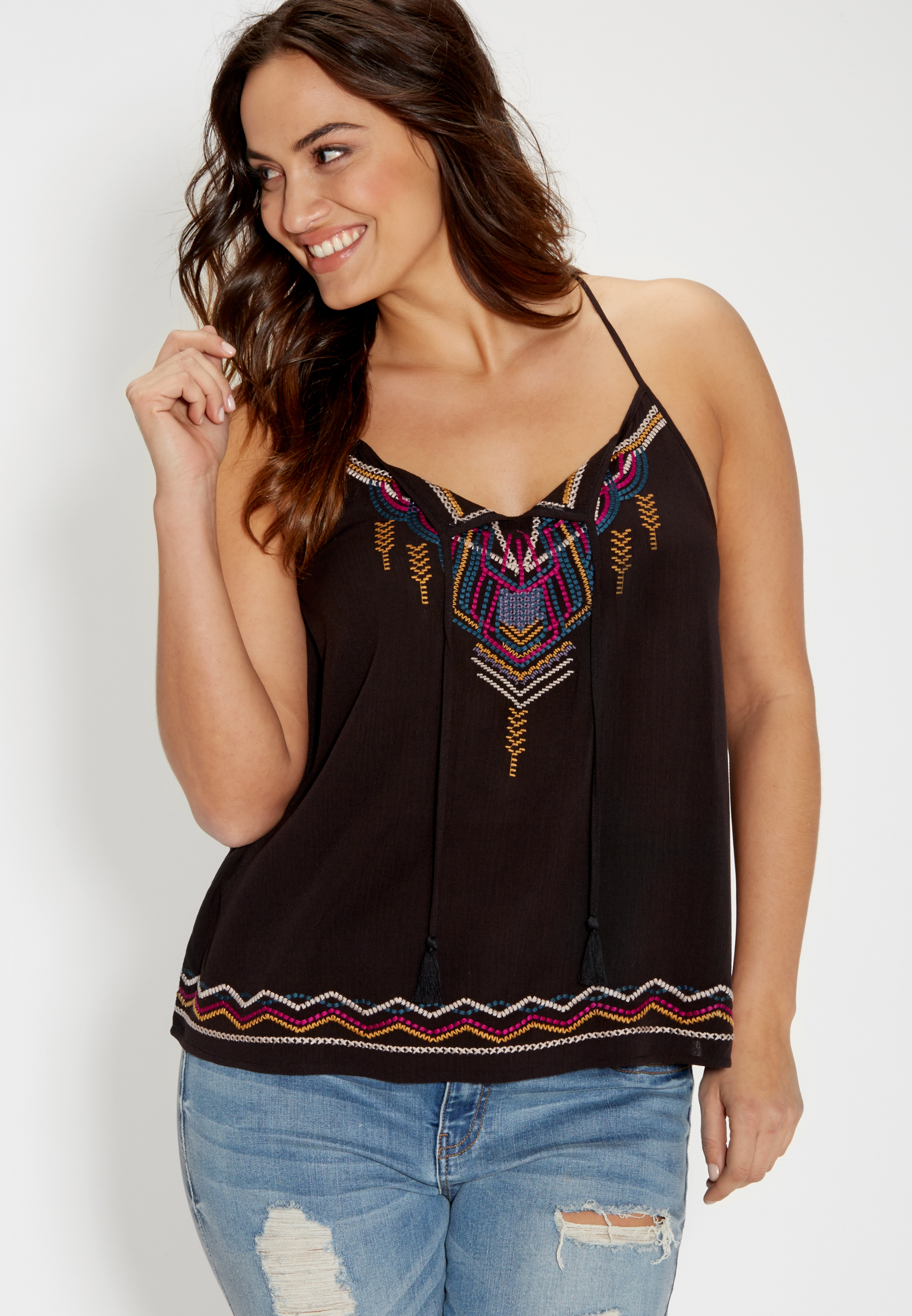 plus size peasant tank with embroidery and slit neckline | maurices