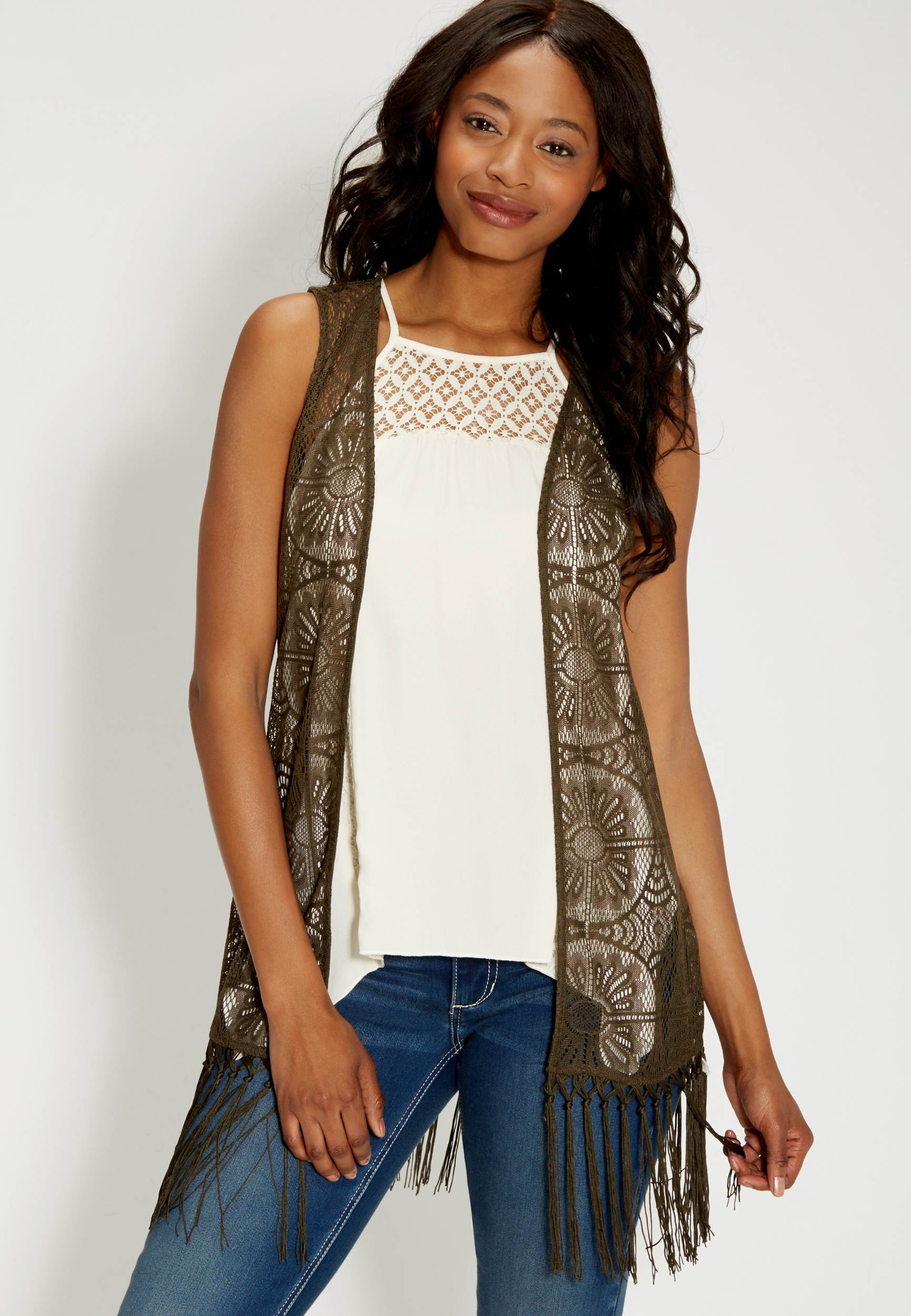 lace vest with weaved fringe | maurices