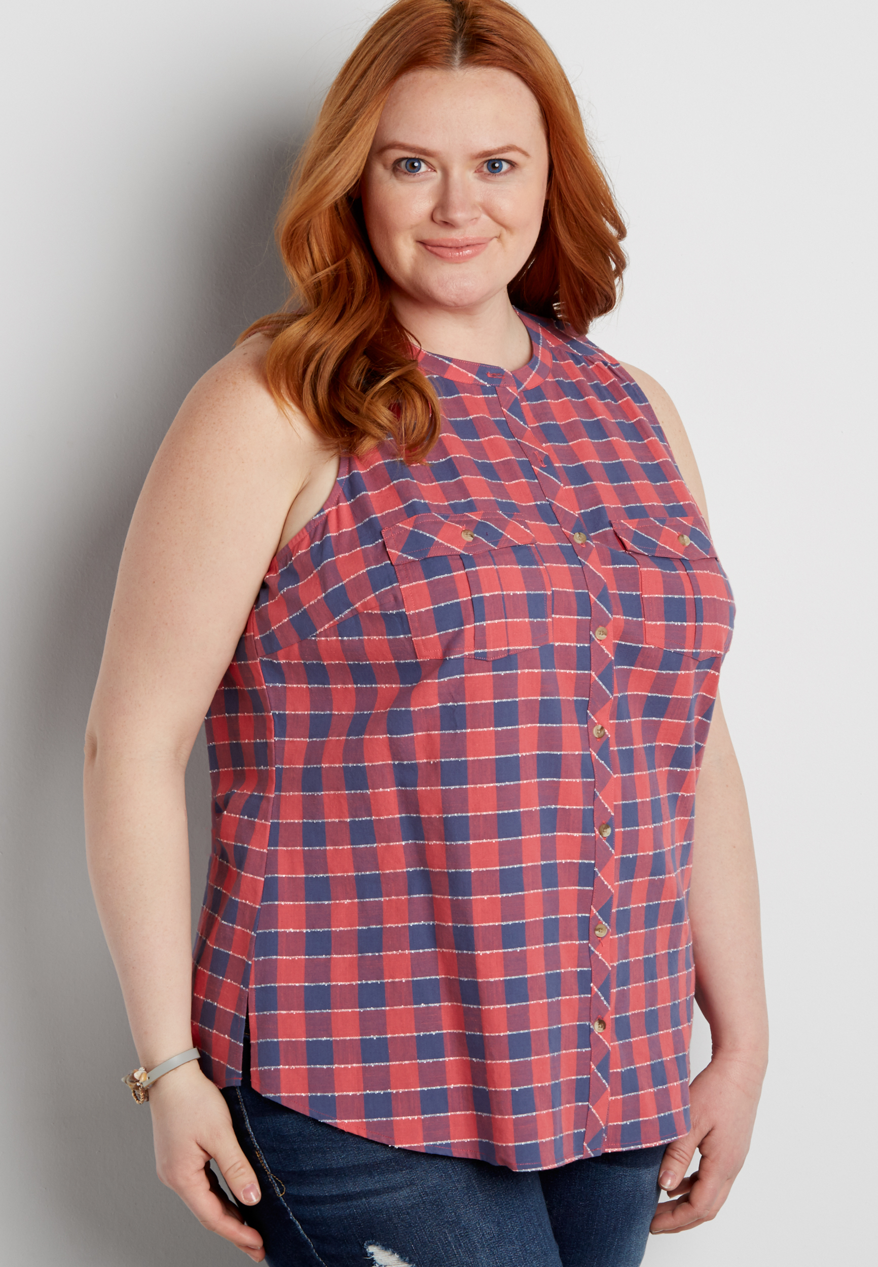 Plus Size Sleeveless Button Down Gingham Shirt With Boucle Stripes