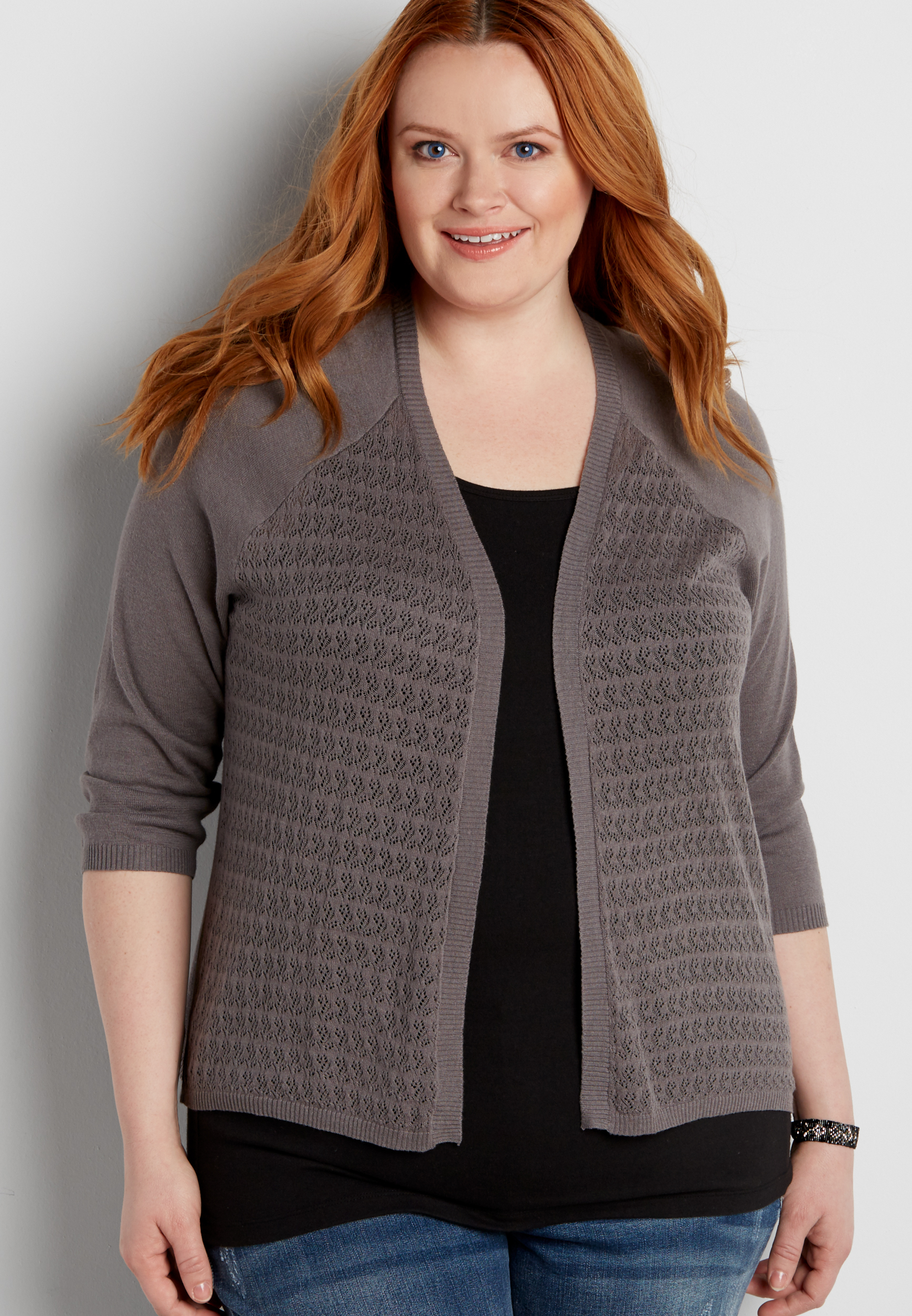 plus size lightweight cardigan with pointelle stitching | maurices
