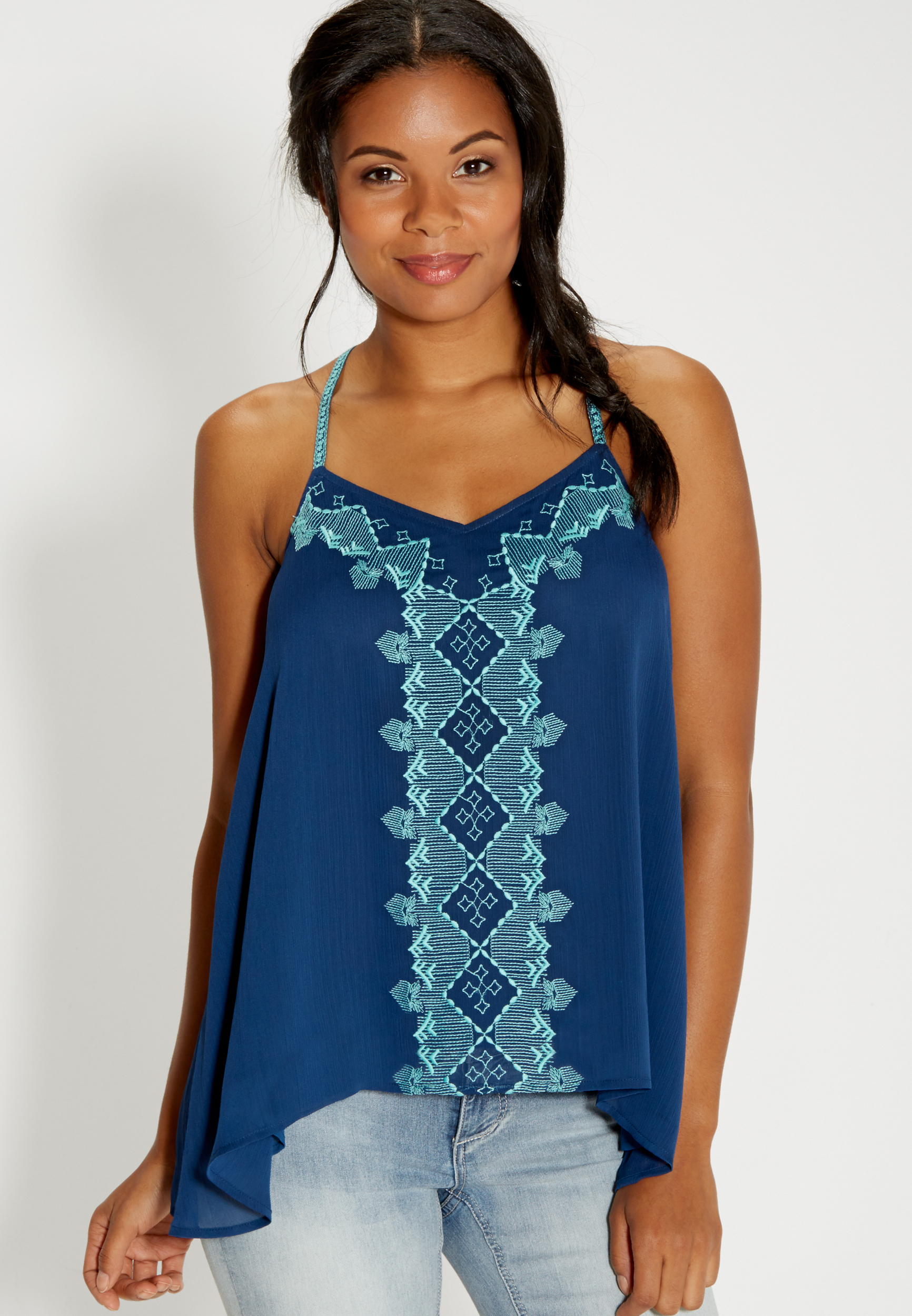 lightweight embroidered tank with shark bite hem | maurices