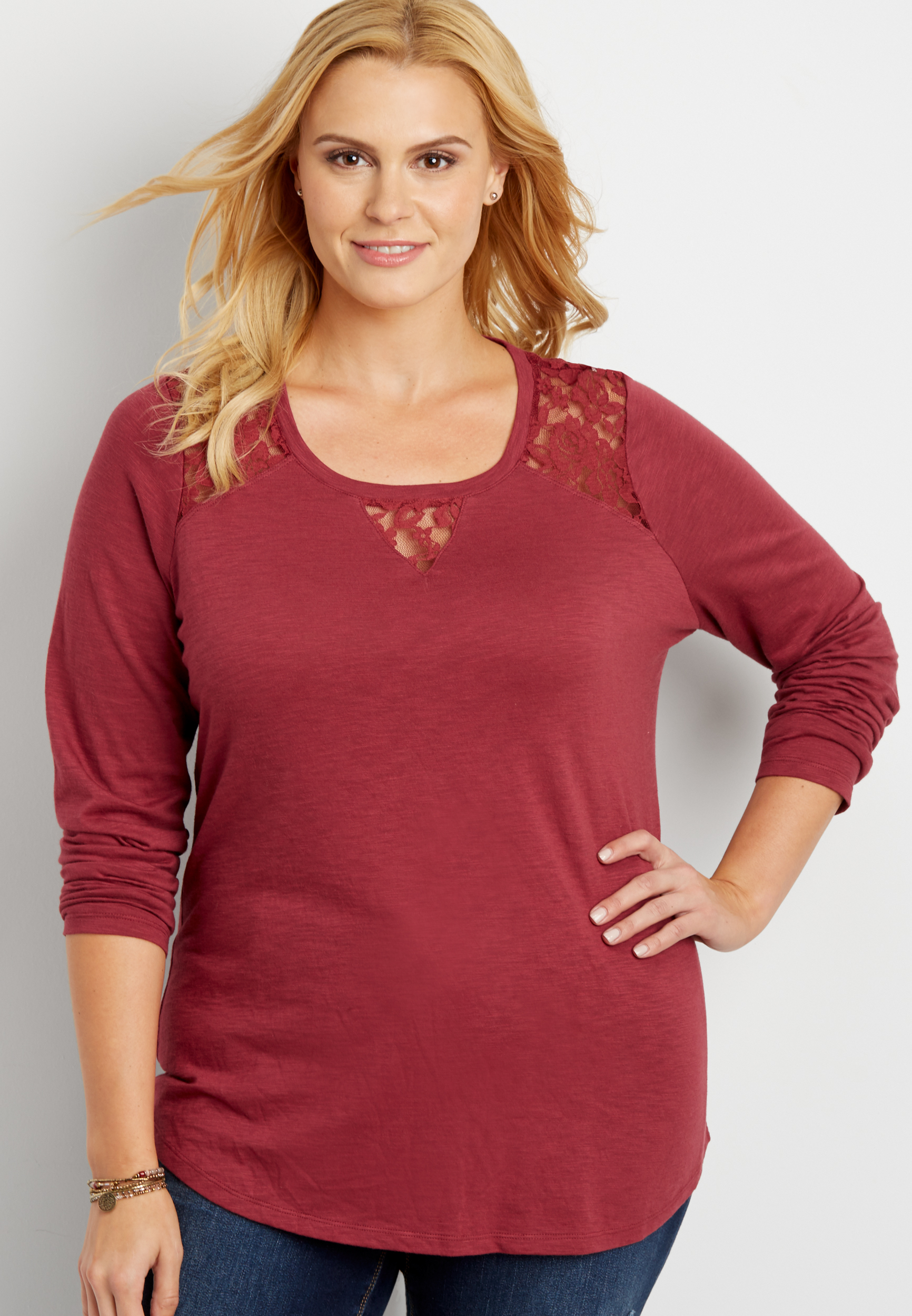 plus size tee with floral lace inlay | maurices