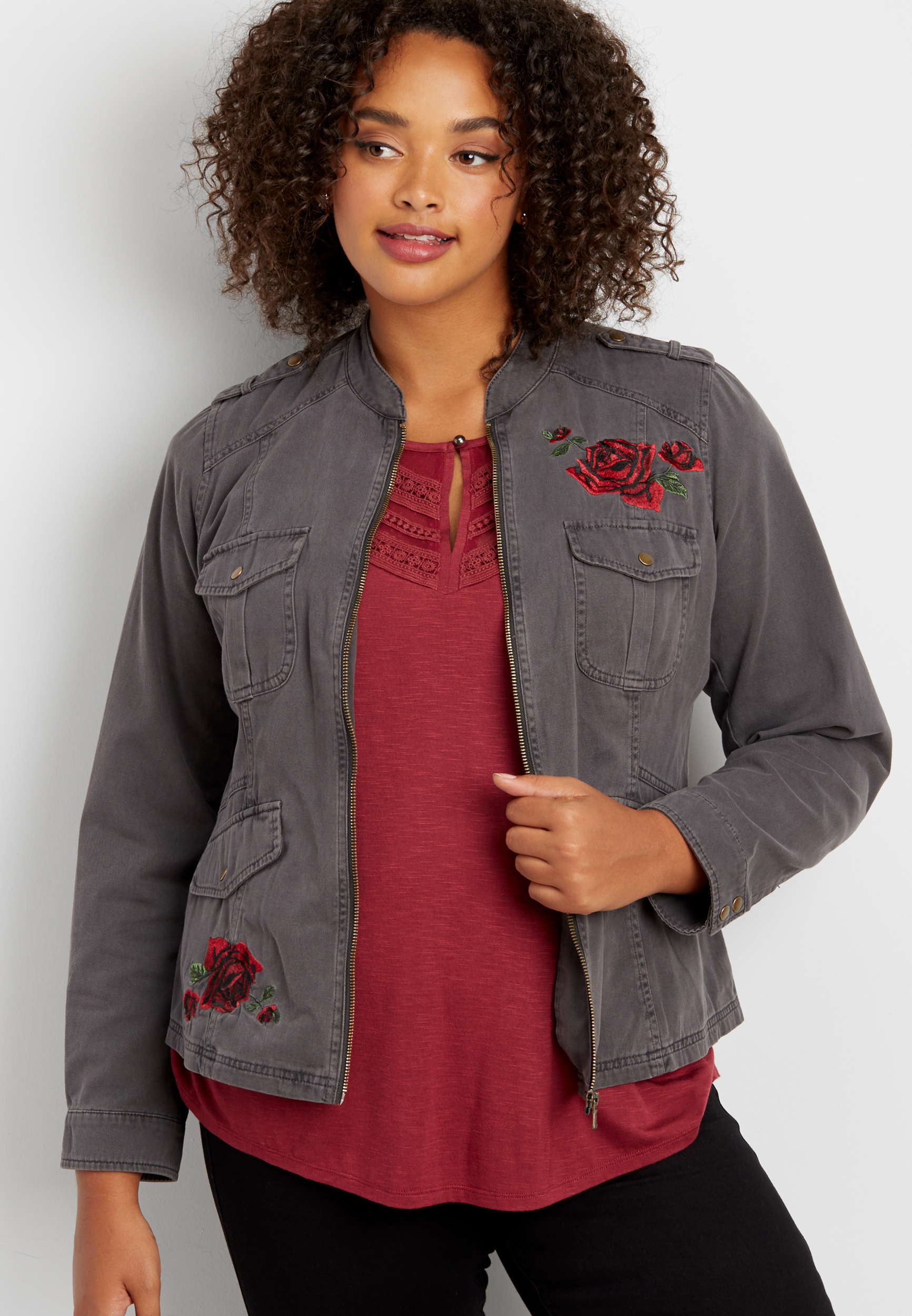 plus size jacket with floral rose embroidery | maurices