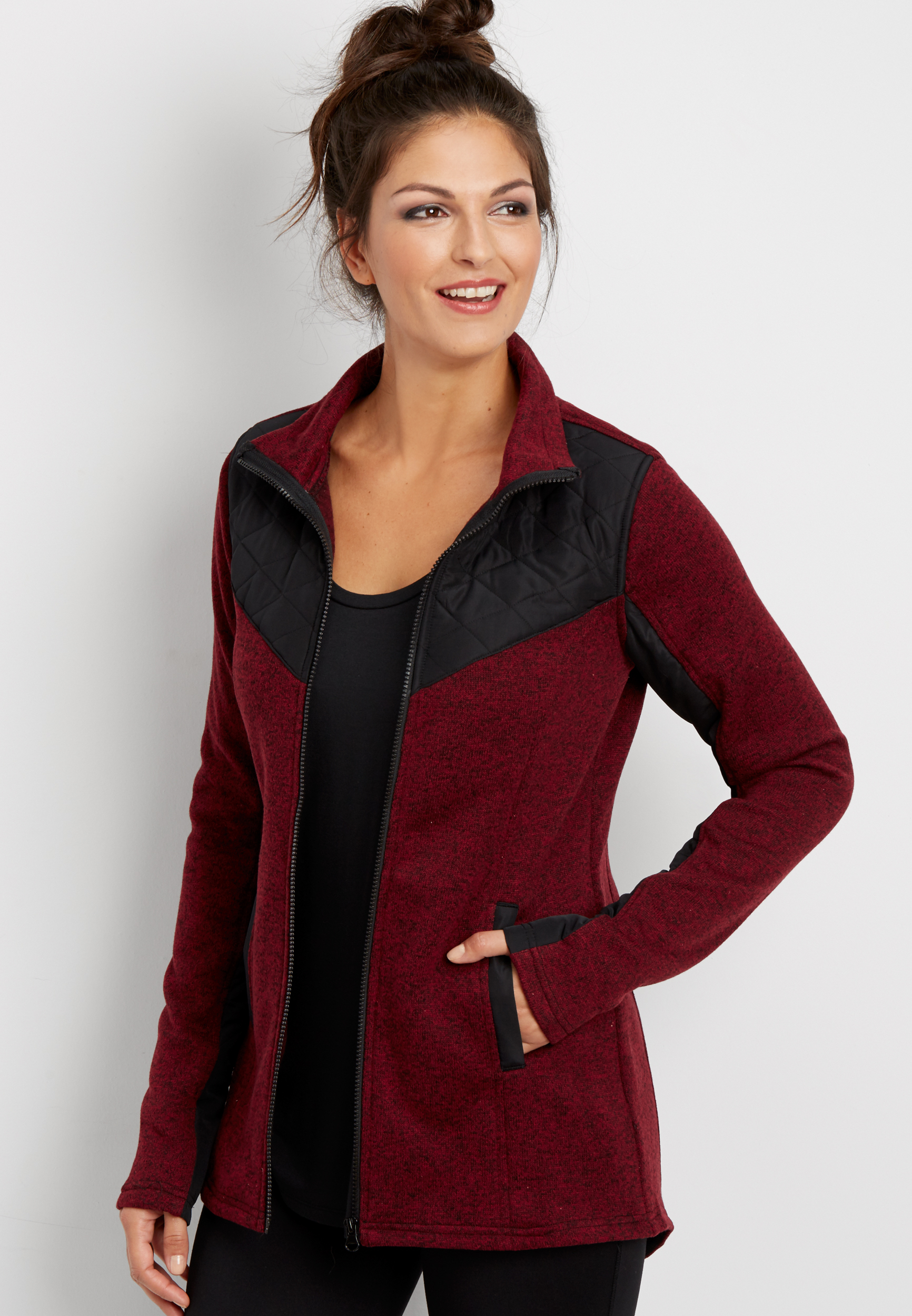 marled knit jacket with quilted puffer yoke | maurices