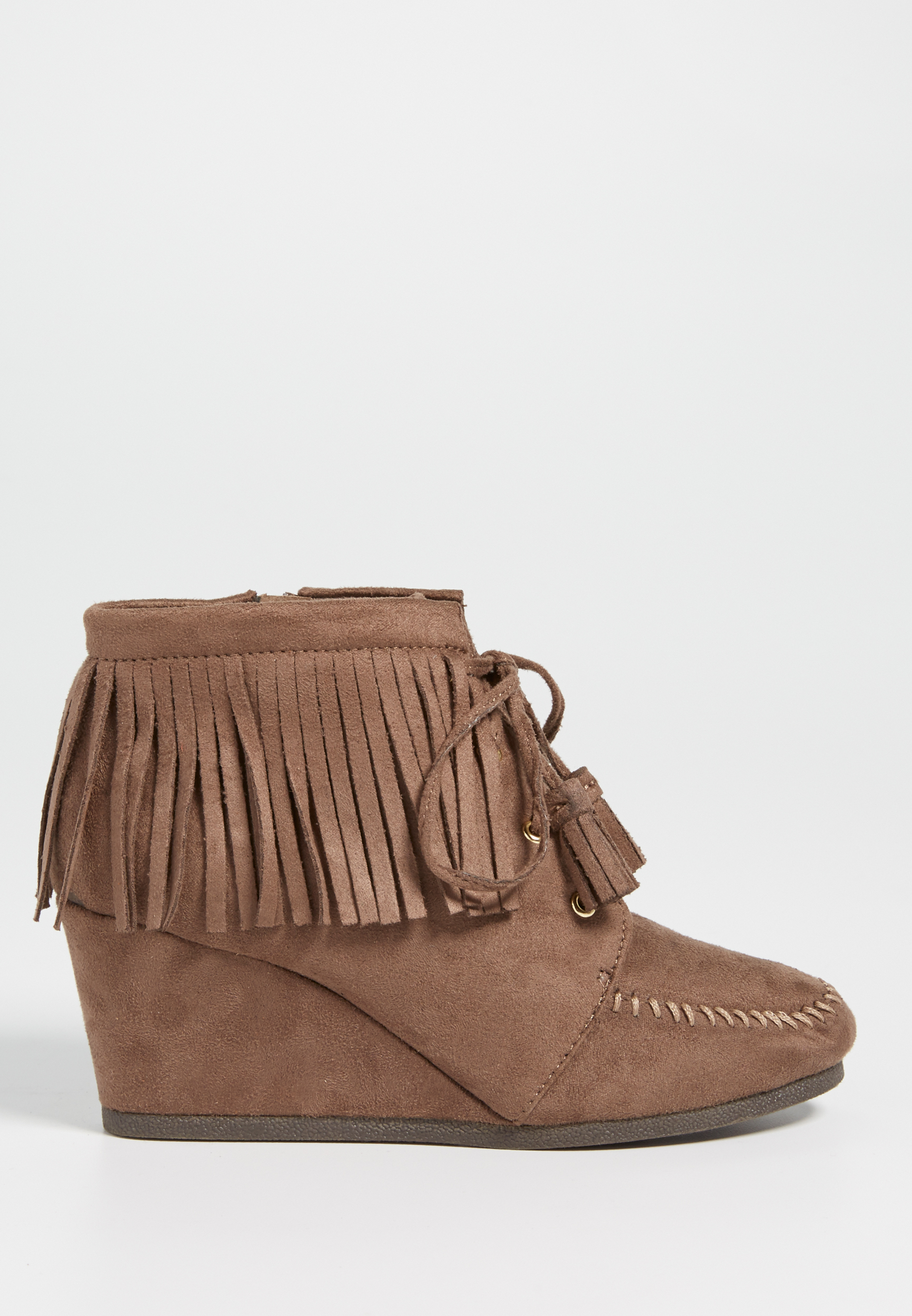 Danielle faux suede wedge with fringe in taupe | maurices