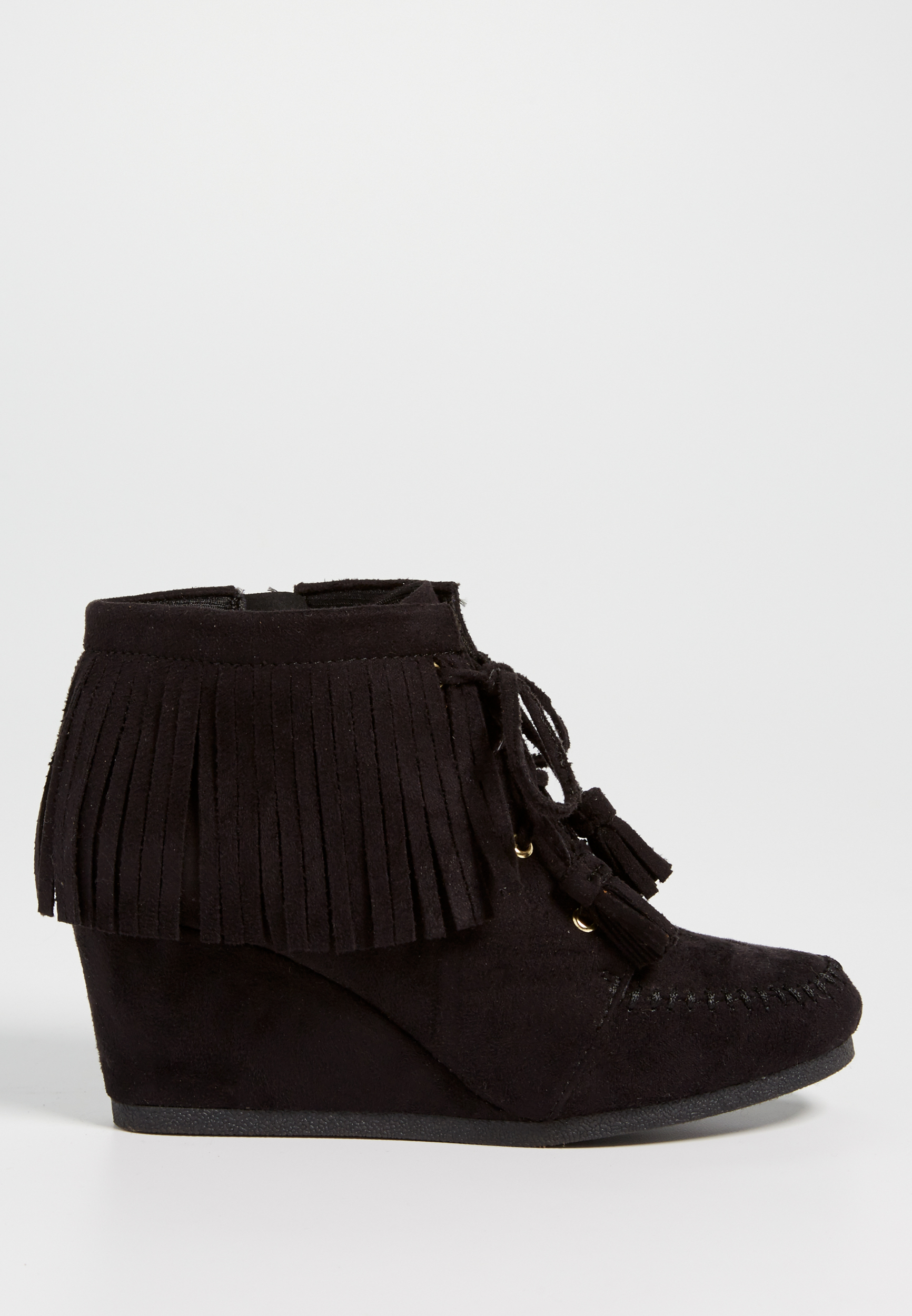 Danielle faux suede wedge with fringe in black | maurices