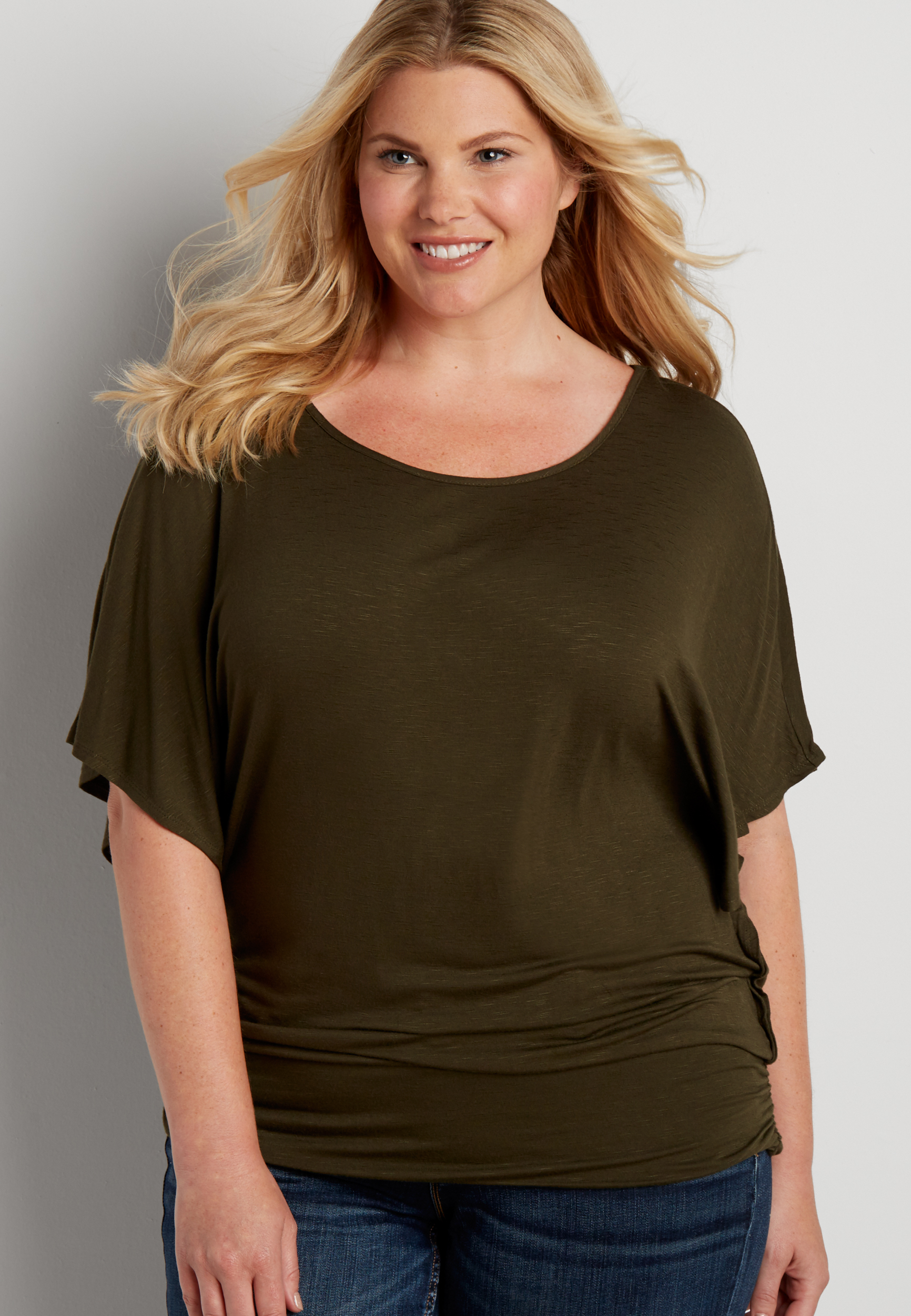 plus size banded bottom poncho top with crocheted back | maurices
